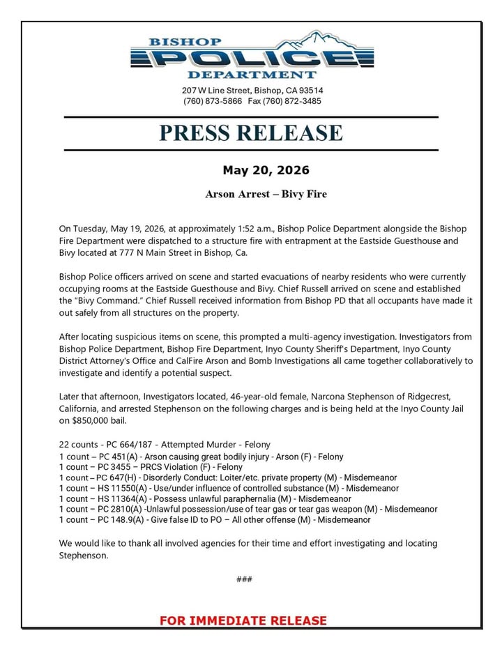 RIDGECREST WOMAN ARRESTED IN CONNECTION TO BISHOP HOTEL ARSON FIRE ...